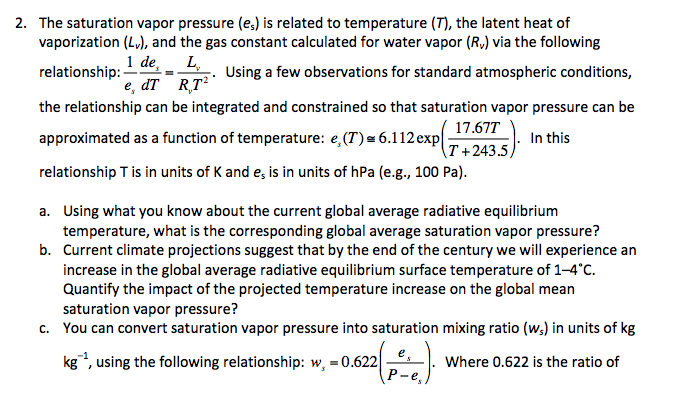 Solved 2. The saturation vapor pressure (es) is related to | Chegg.com