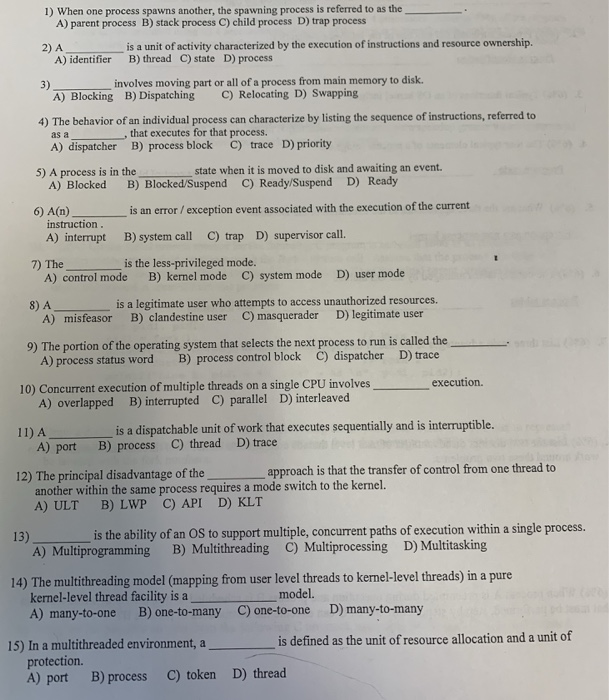 Solved 1) When one process spawns another, the spawning | Chegg.com