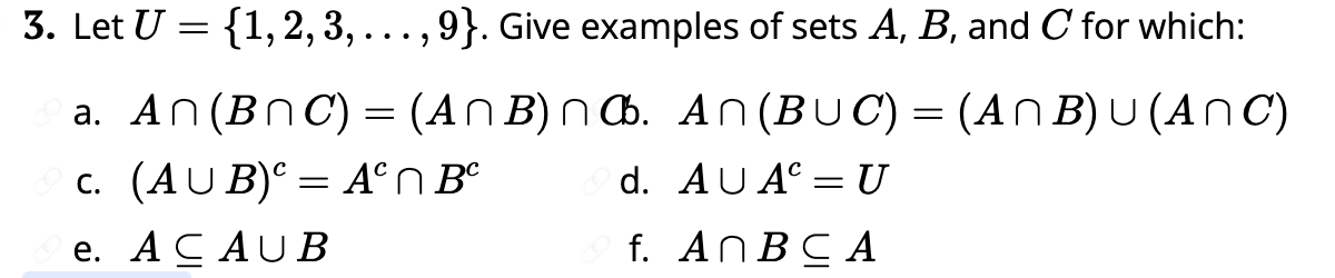 Solved Let U={1,2,3,...,9}. ﻿Give examples of sets A,B, ﻿and | Chegg.com