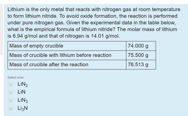 Solved Lithium is the only metal that reacts with nitrogen | Chegg.com
