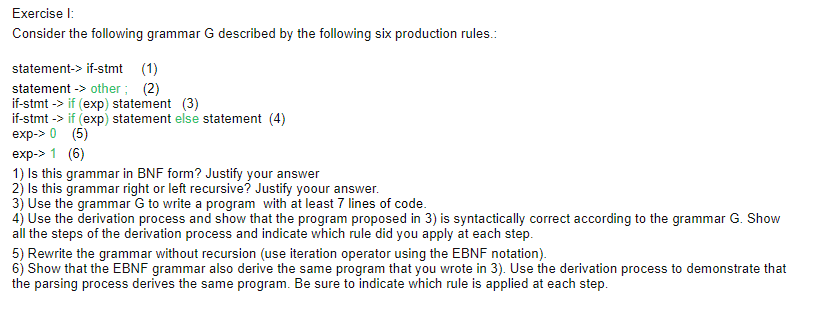 Exercisel: Consider the following grammar G described | Chegg.com