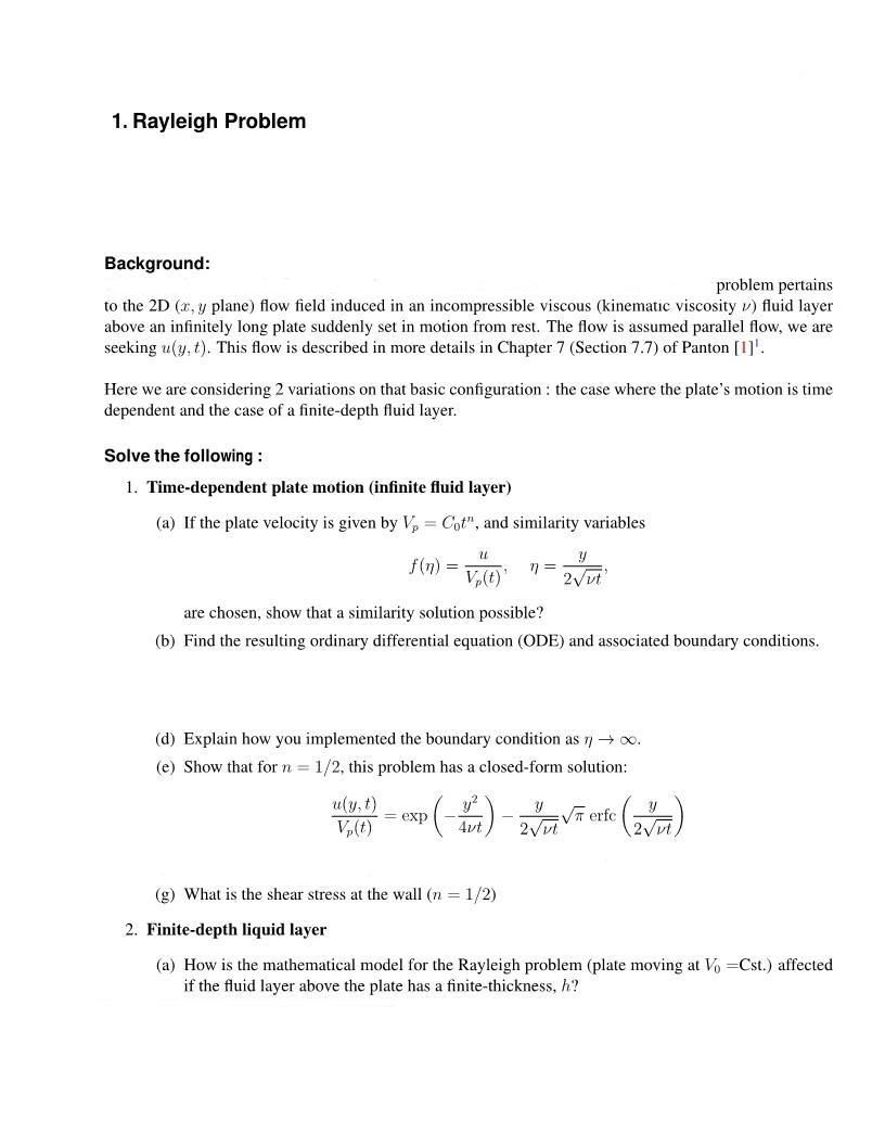 1. Rayleigh Problem Background: problem pertains to | Chegg.com