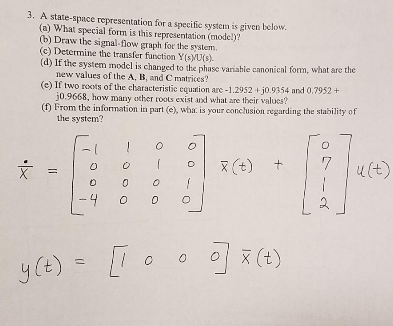 Solved 3. A state-space representation for a specific system | Chegg.com
