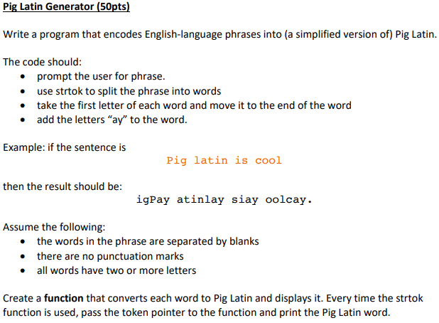 Solved Pig Latin Generator (50pts) Write a program that | Chegg.com
