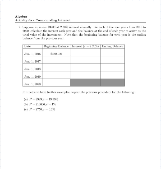 Solved Algebra Activity 6a - Compounding Interest 2. Suppose | Chegg.com