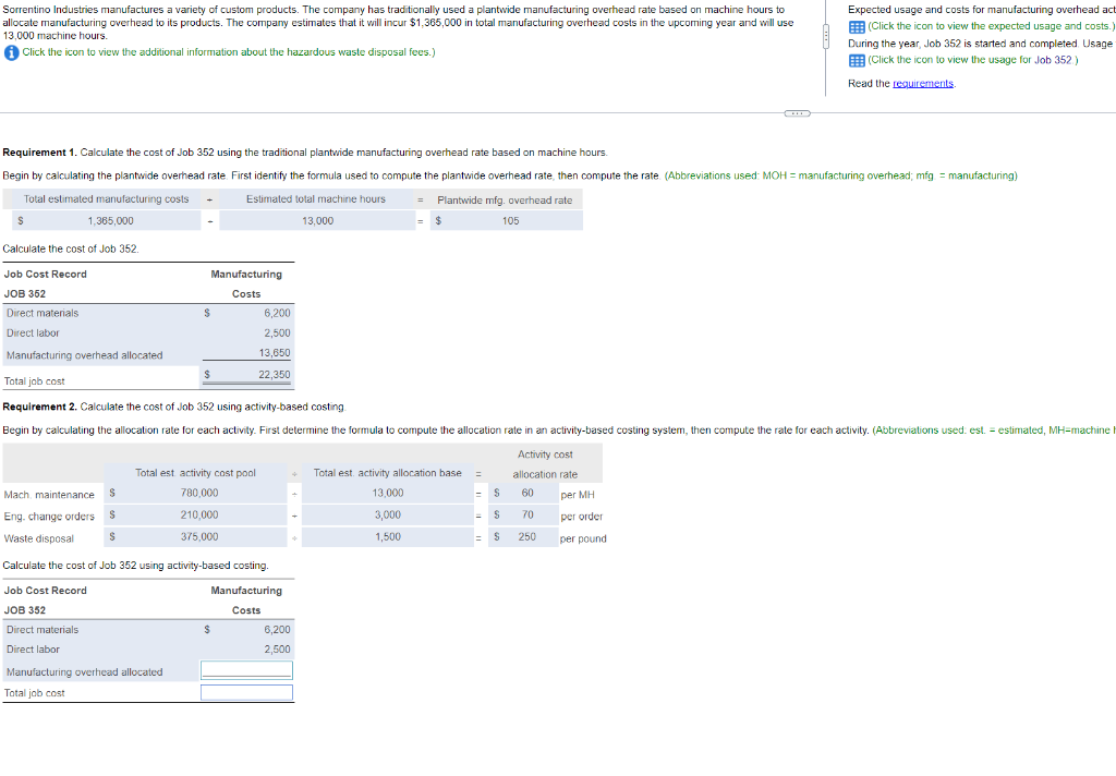 Requirement 1. Calculate the cost of Job 352 using | Chegg.com