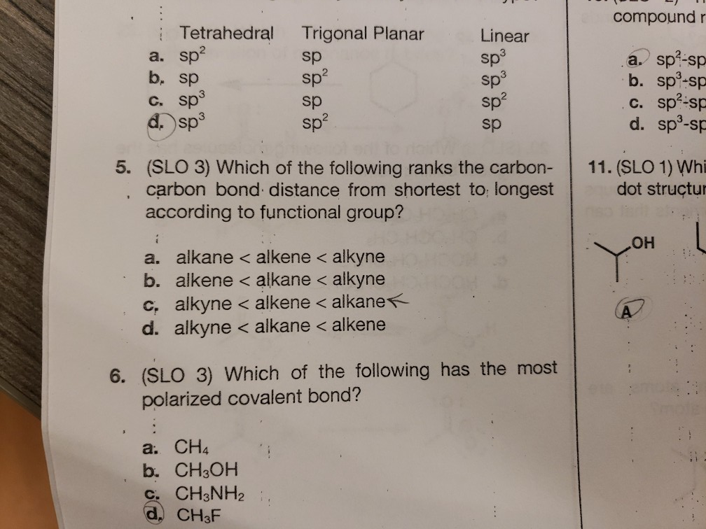 Solved compound Trigonal Planar Linear sp sp3 Tetrahedral a. | Chegg.com