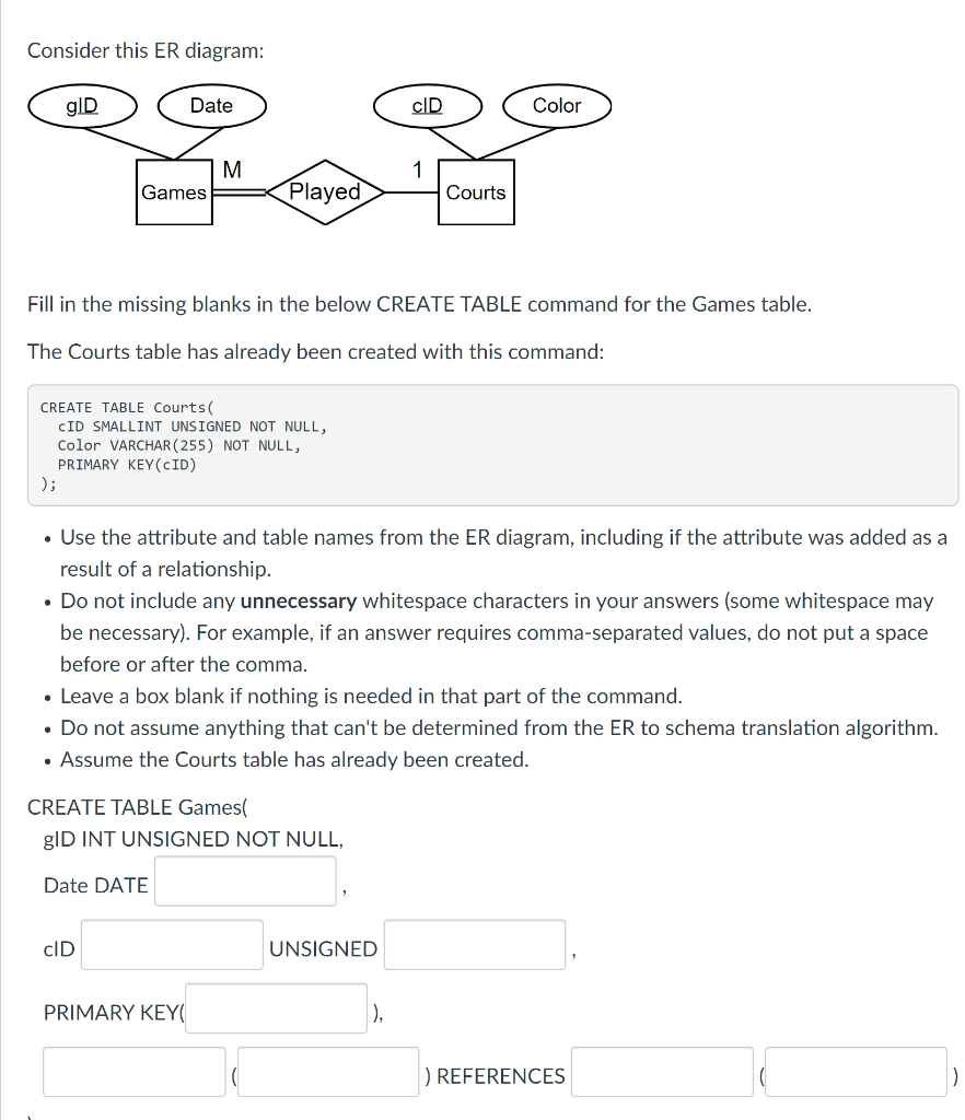 Solved Consider this ER diagram: Fill in the missing blanks | Chegg.com