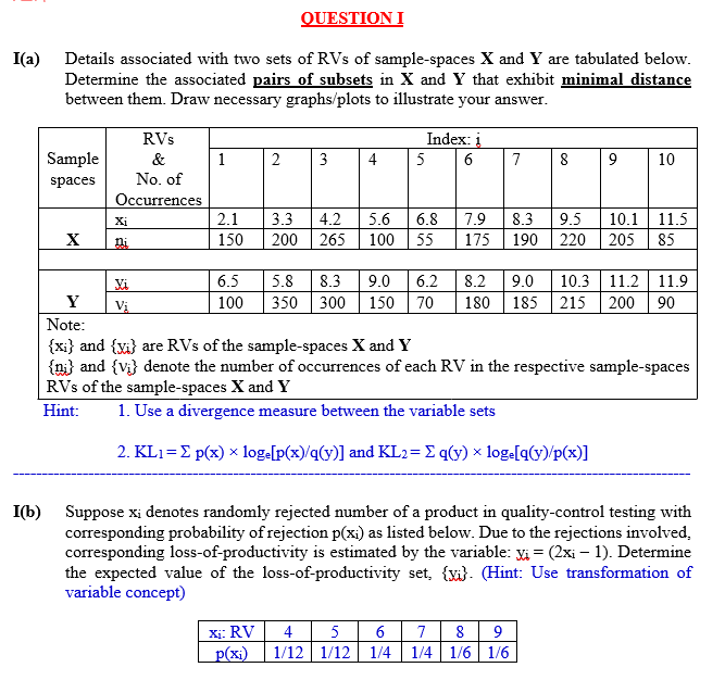 QUESTIONI Ia) Details associated with two sets of RVs | Chegg.com