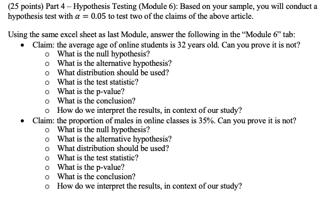 Solved (25 points) Part 4 - Hypothesis Testing (Module 6): | Chegg.com