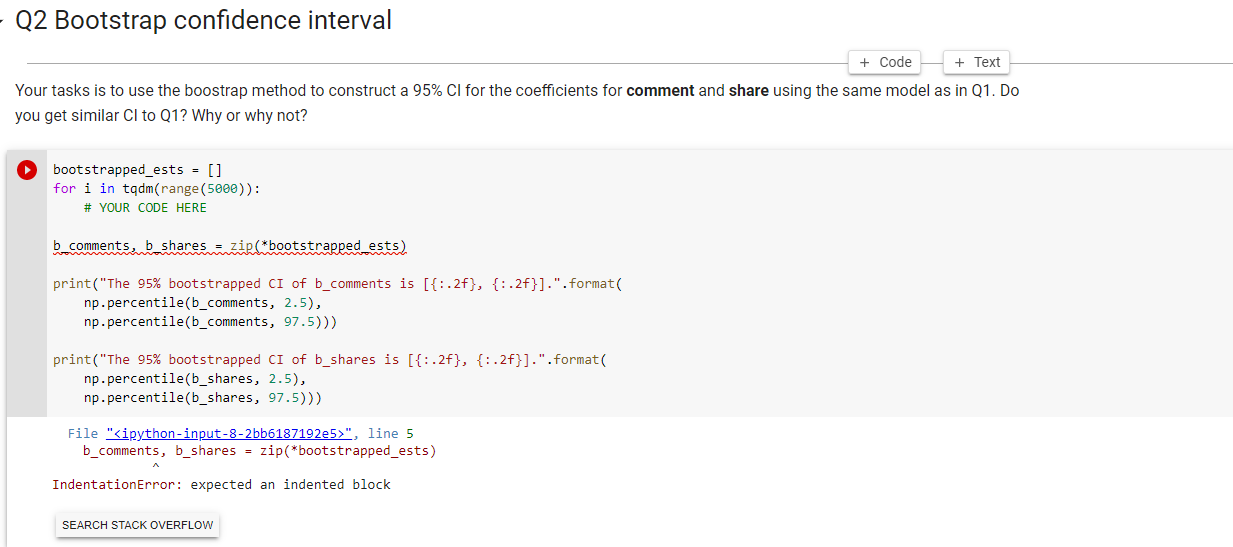 Solved - Q2 Bootstrap confidence interval + Code + Text Your | Chegg.com