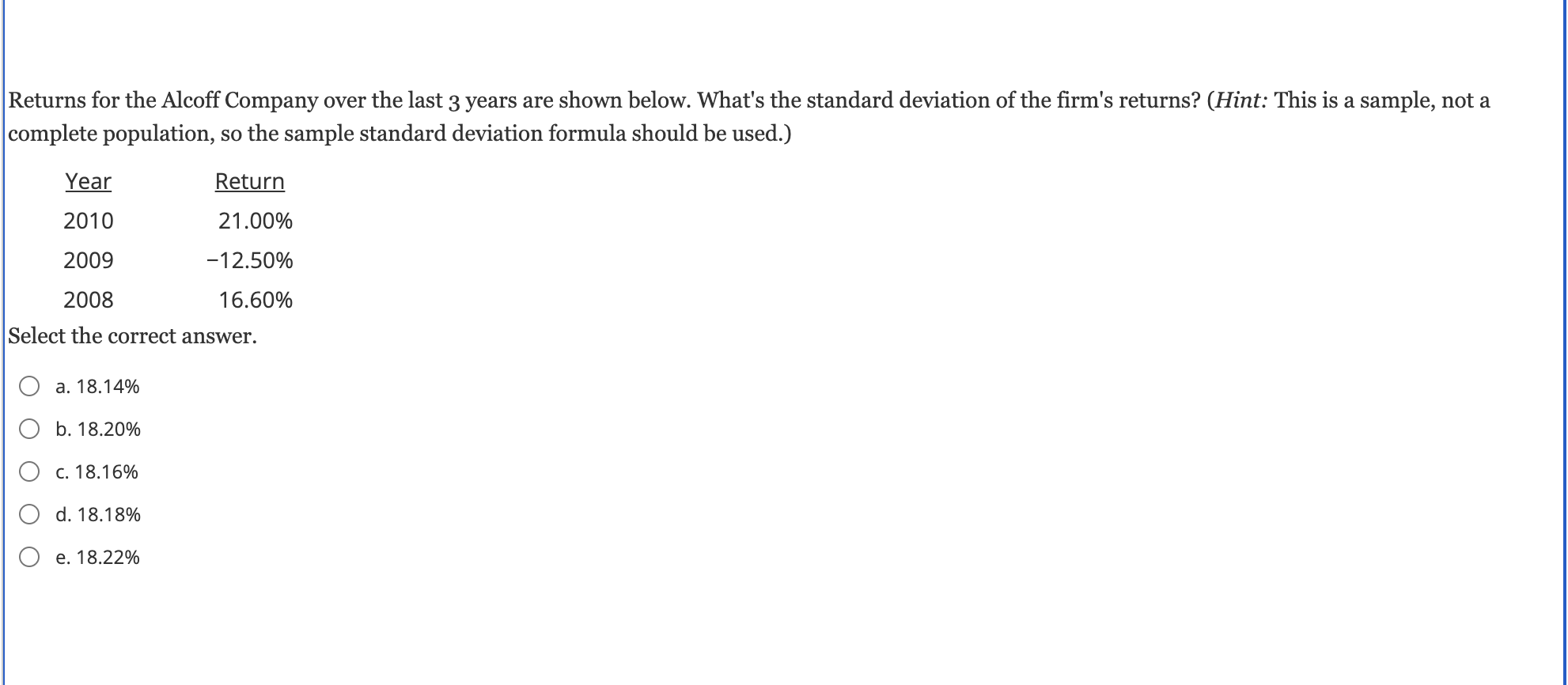 Solved Returns for the Alcoff Company over the last 3 years | Chegg.com