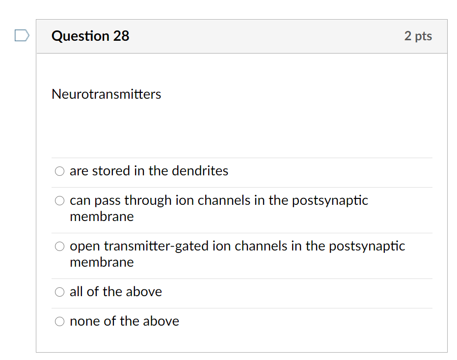 Solved Question 28 2 pts Neurotransmitters are stored in the | Chegg.com