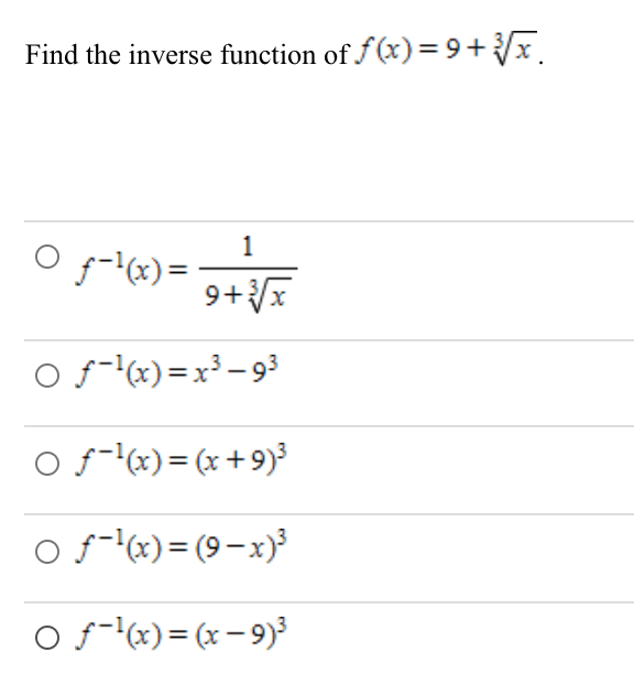 Solved Find the inverse function of f(x)=9+Fx. Of-1(x)= | Chegg.com