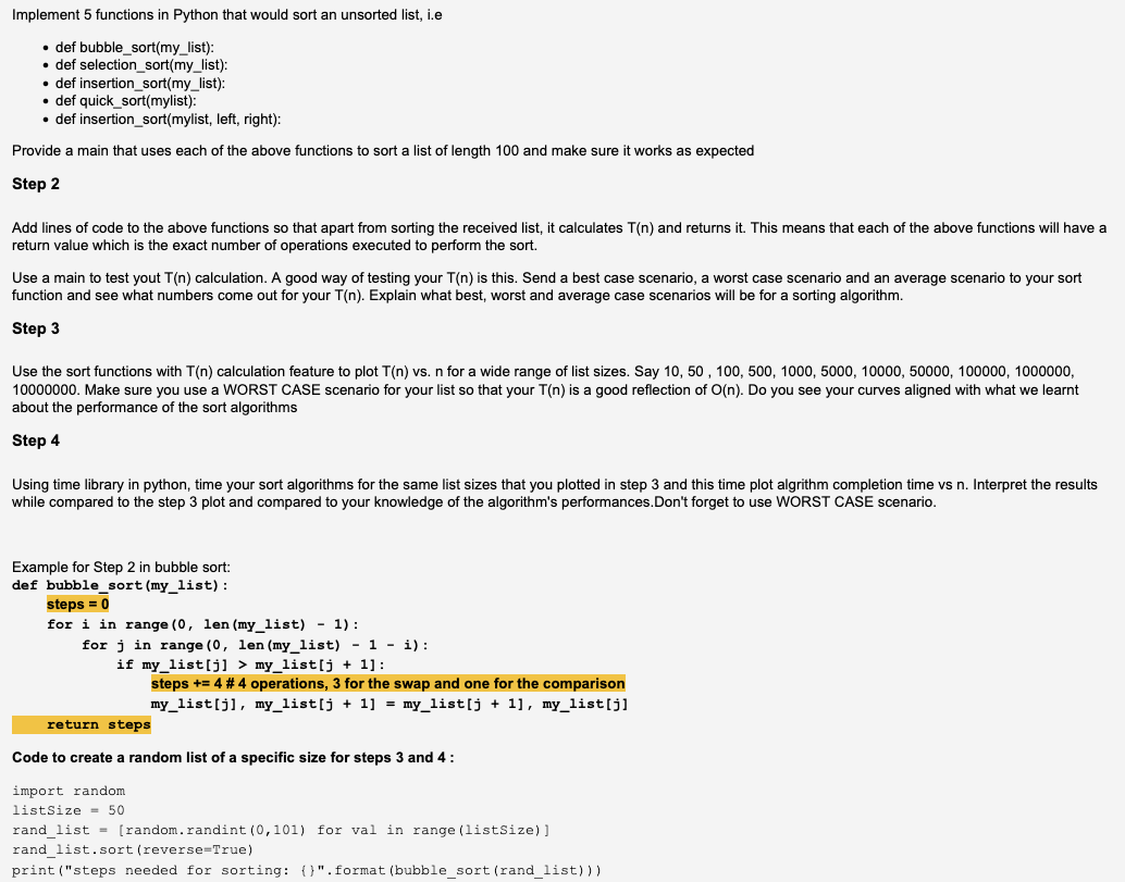 Solved Implement 5 Functions In Python That Would Sort An 7658