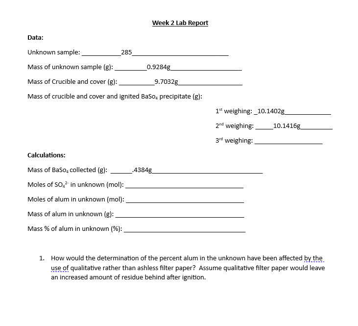 Solved Week 2 ﻿Lab ReportData:Unknown sample:285Mass of | Chegg.com