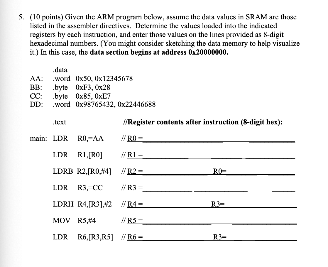 Solved (10 points) Given the ARM program below, assume the | Chegg.com