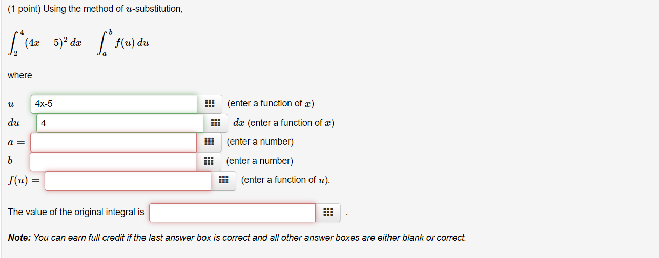 Solved (1 point) Using the method of u-substitution, [ (de – | Chegg.com