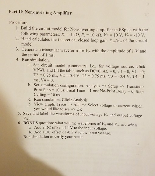 Solved Part II: Non-inverting Amplifier Procedure: 1. Build | Chegg.com