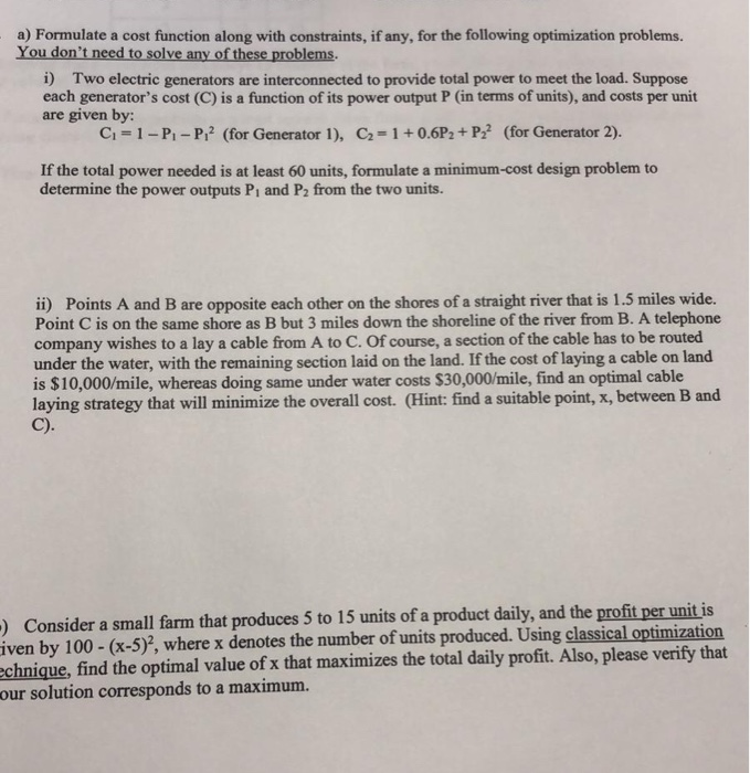 A Formulate A Cost Function Along With Constraints