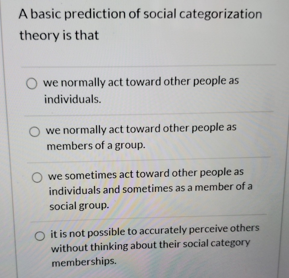 Solved A basic prediction of social categorization theory is | Chegg.com