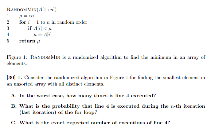 Solved RANDOMMIN (A[1:n]) Figure 1: RANDOMMIN is a | Chegg.com