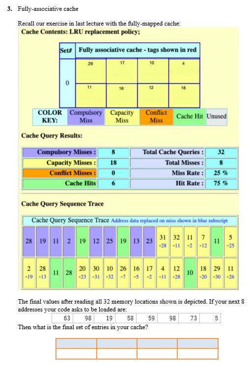 Solved 3. Fully-associative cache Recall our exercise in | Chegg.com