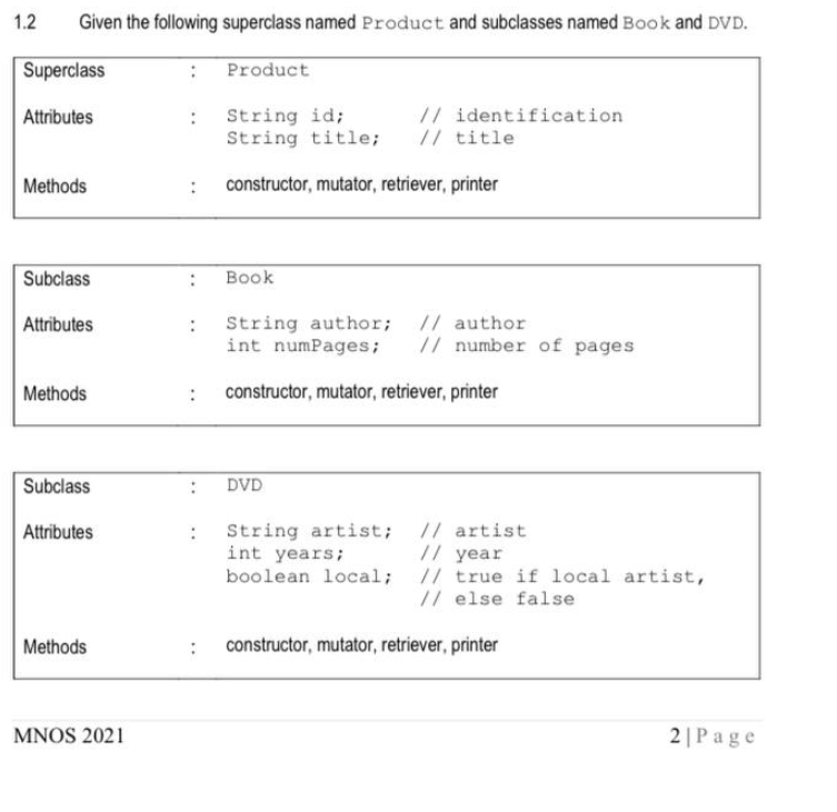 Solved 1.2 Given the following superclass named Product and | Chegg.com
