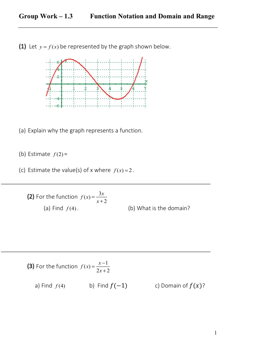 Solved Group Work - 1.3 Function Notation and Domain and | Chegg.com