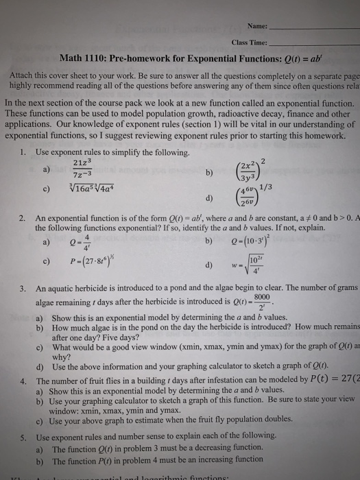 Solved Name: Class Time: Math 1110: Pre-homework for | Chegg.com