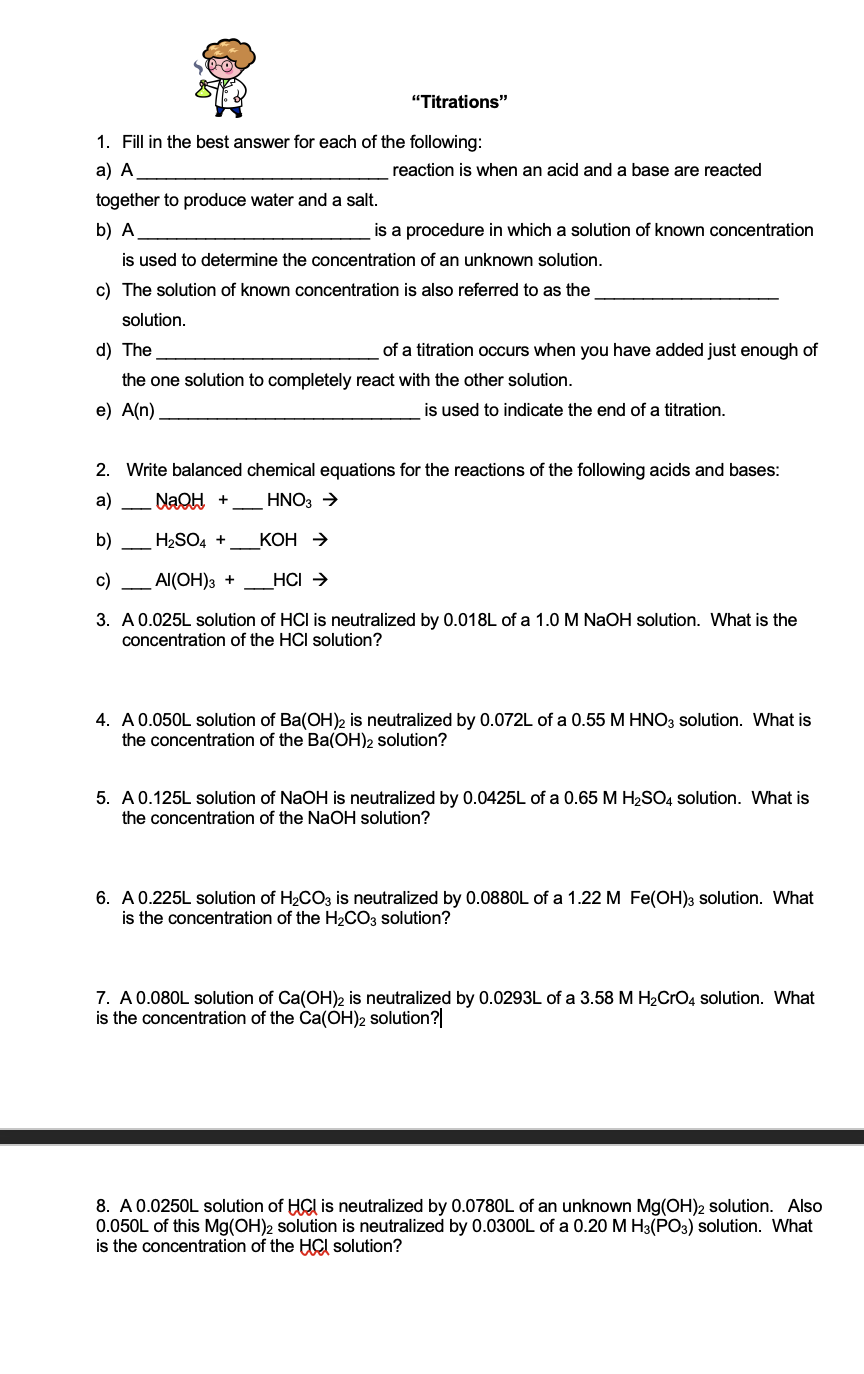 Solved "Titrations" 1. Fill in the best answer for each of | Chegg.com