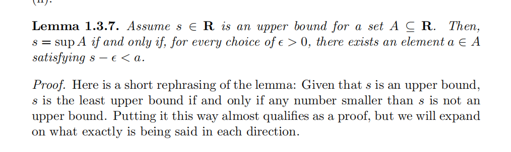 Solved Lemma 1.3.7. Assume s E R is an upper bound for a set | Chegg.com