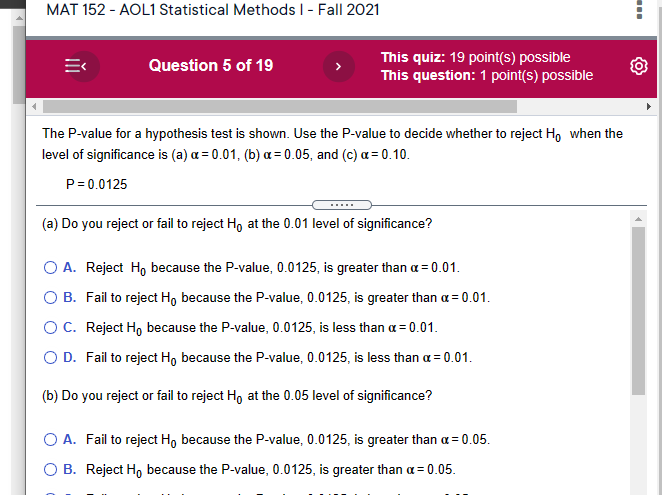 Solved MAT 152 - AOL1 Statistical Methods I - Fall 2021 | Chegg.com