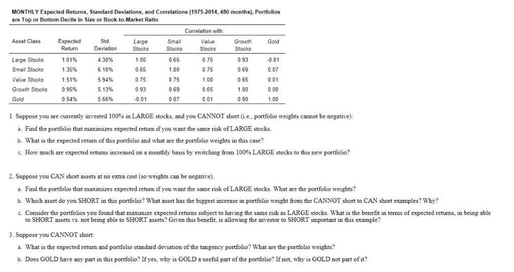 MONTHLY Expected Returns, Standard Deviations, and | Chegg.com
