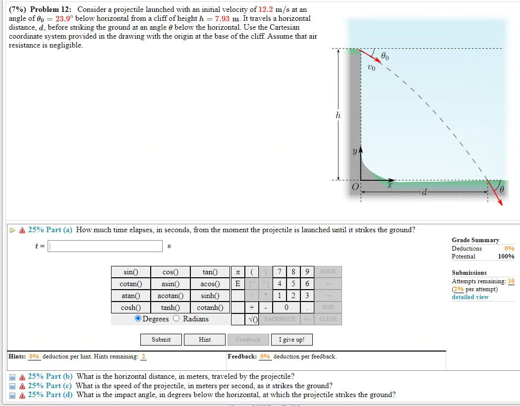 Solved (7\%) Problem 12: Consider a projectile launched with | Chegg.com