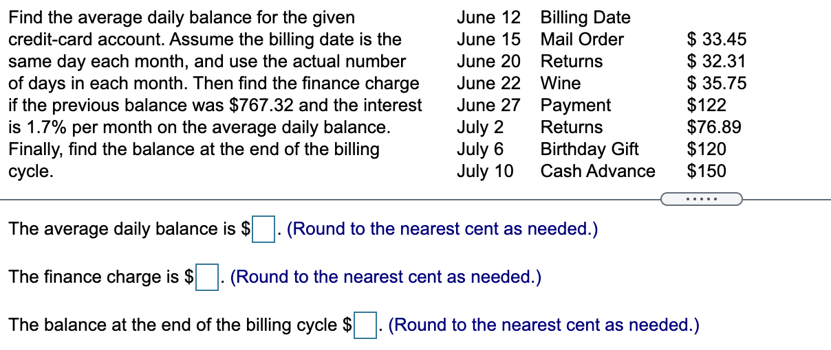 Solved Find the average daily balance for the given | Chegg.com