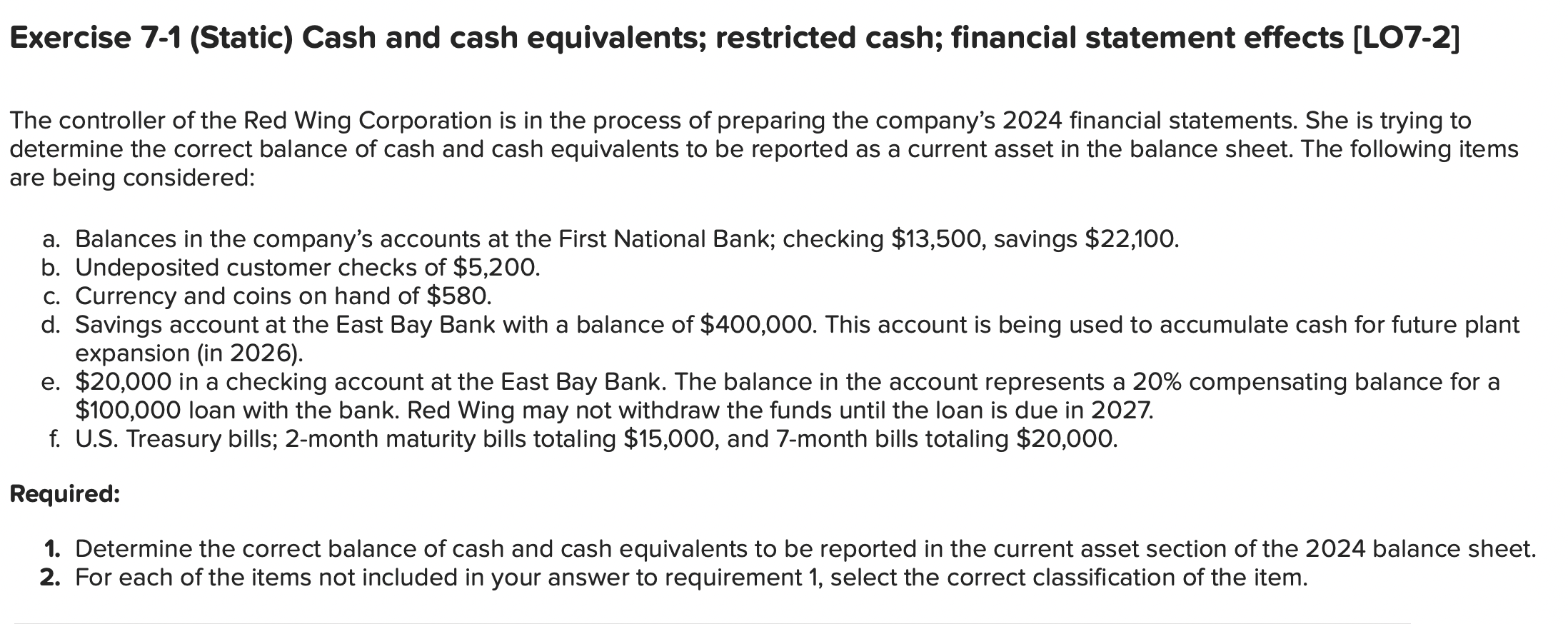 Solved Exercise 7-1 (Static) Cash and cash equivalents; | Chegg.com