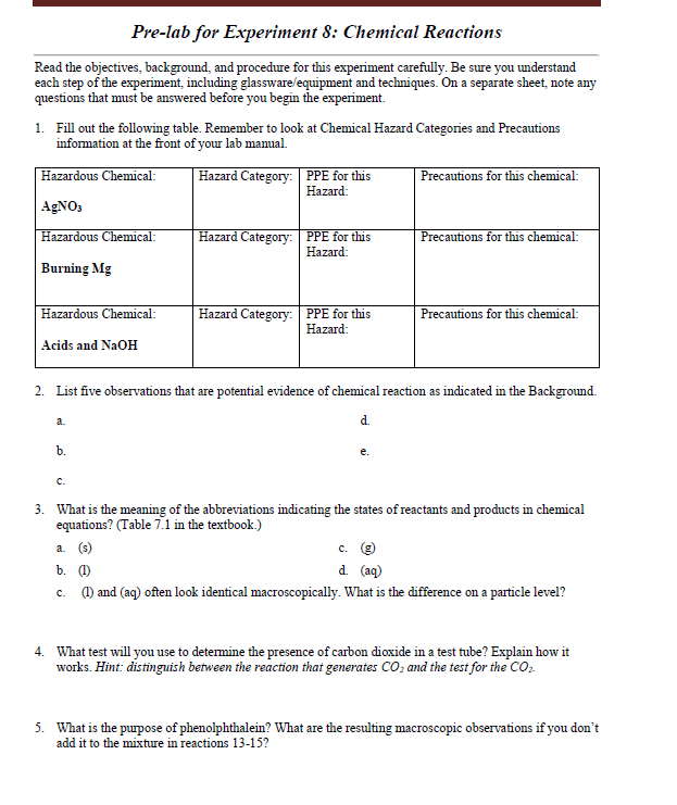 Solved Pre Lab For Experiment 8 Chemical Reactions Read The 
