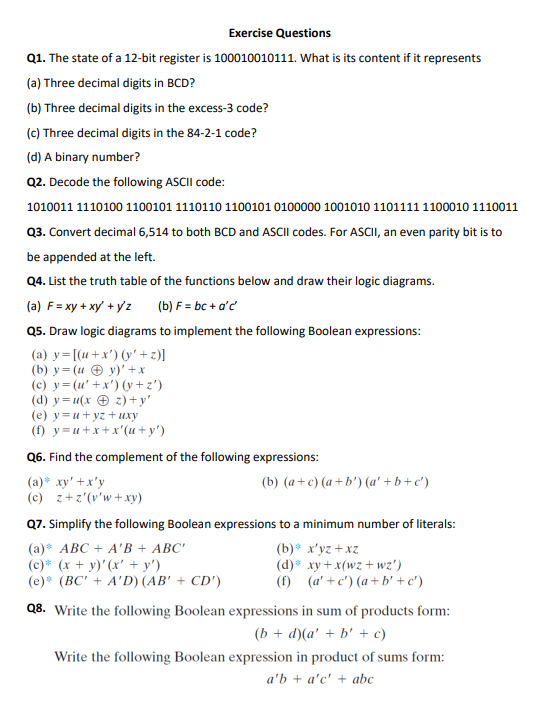 Solved Exercise Questions Q1. The state of a 12-bit register | Chegg.com