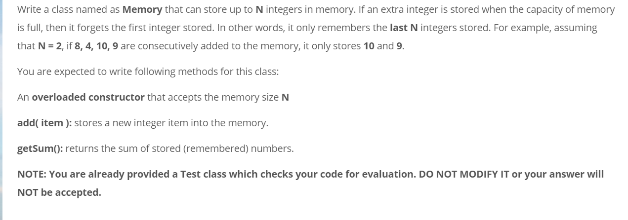 Solved Write a class named as Memory that can store up to N | Chegg.com
