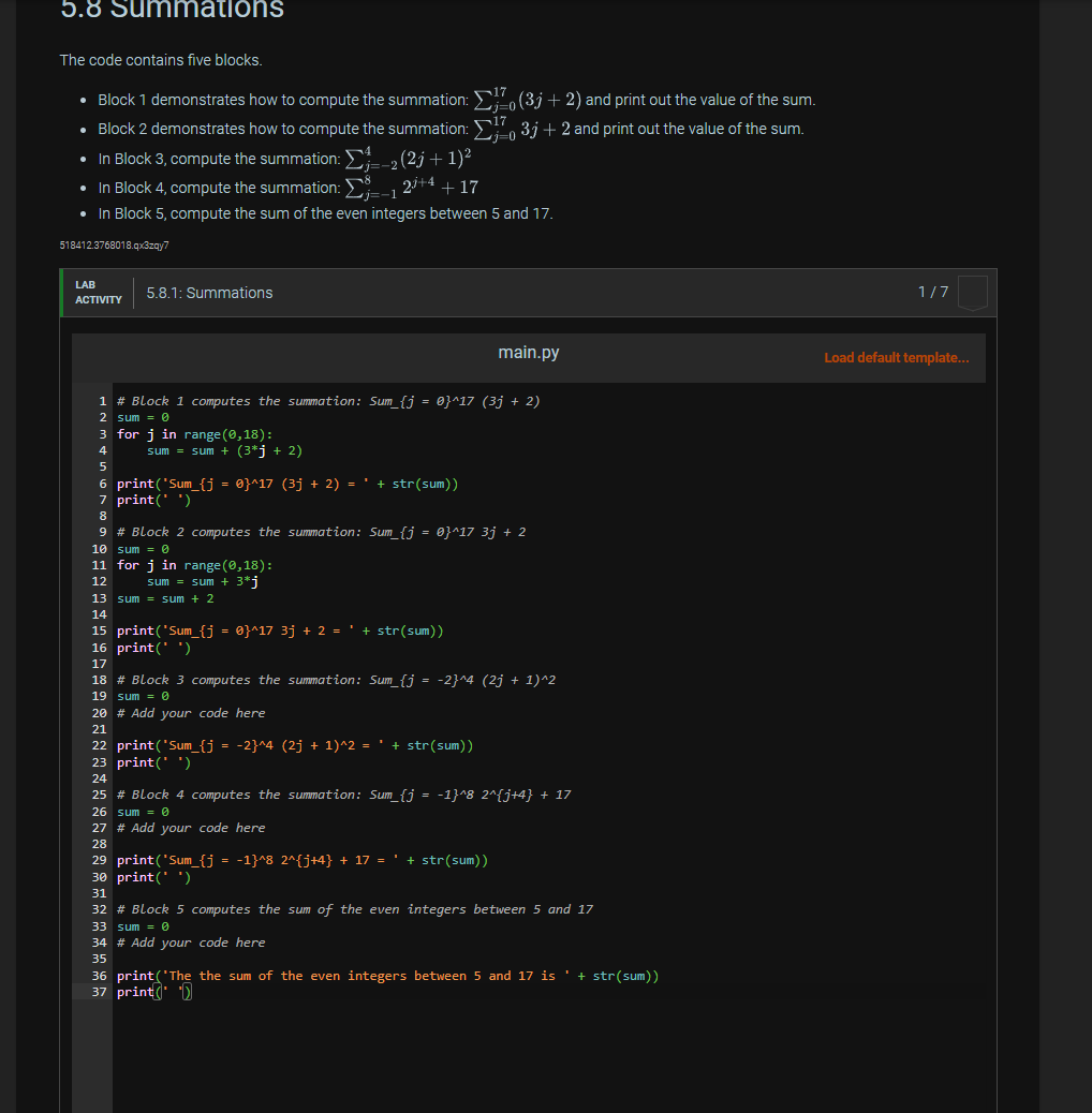 Solved 0.8 suminations The code contains five blocks. - | Chegg.com
