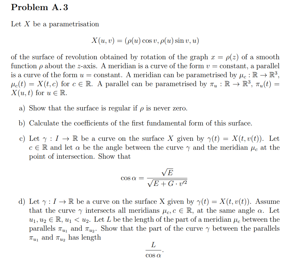Solved Problem A.3 Let X be a parametrisation X(u, v) = | Chegg.com
