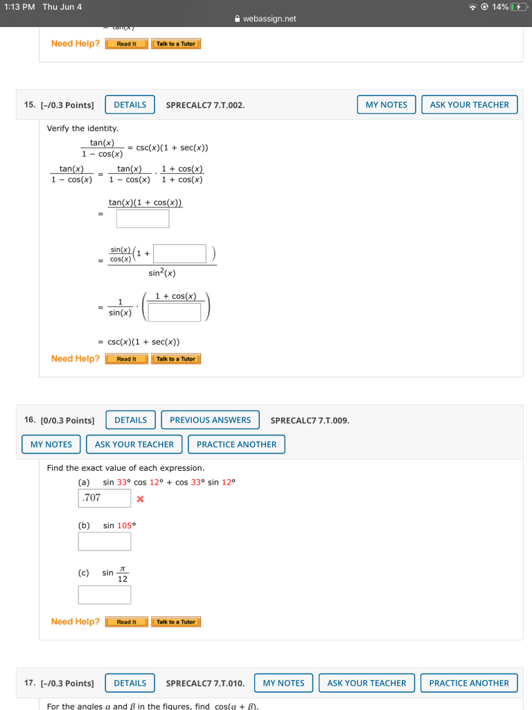 Solved 1:13 PM Thu Jun 4 @ 14% webassign.net Need Help? Read | Chegg.com