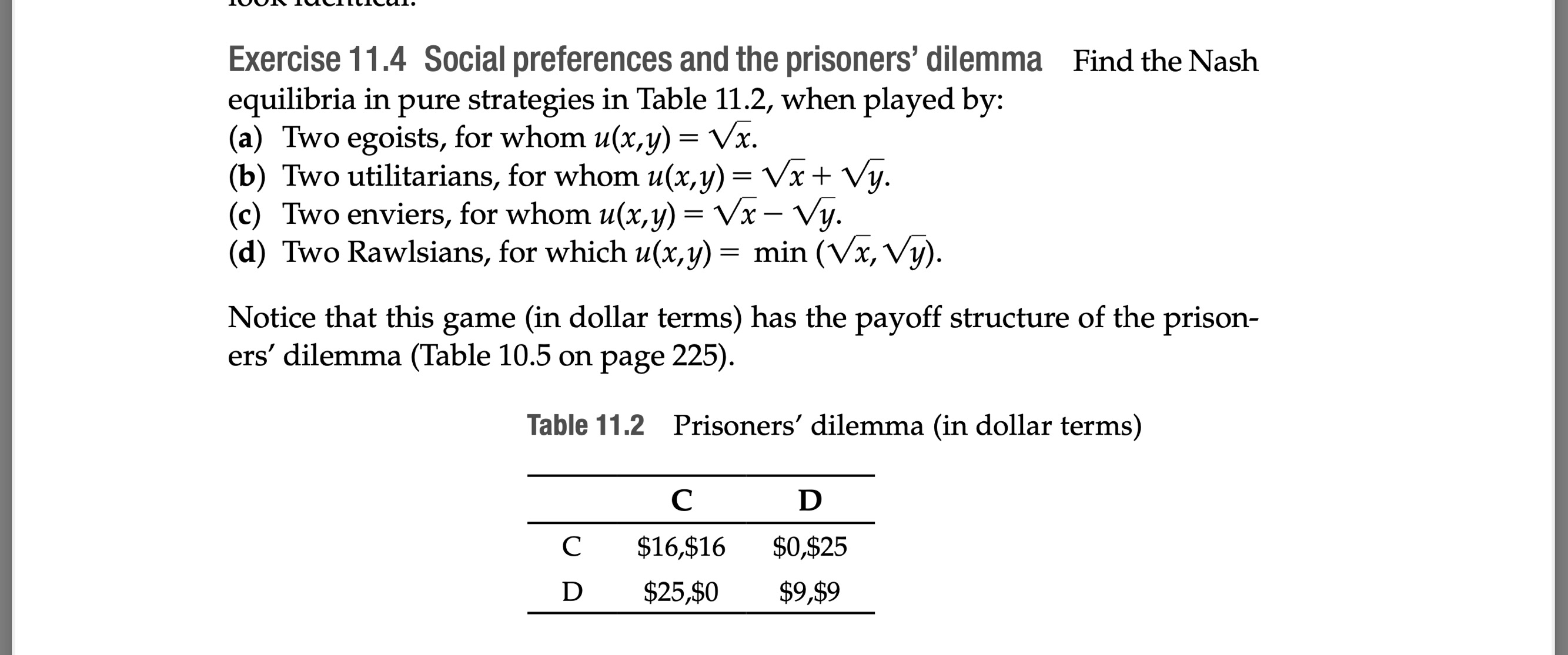 Solved Exercise 11.4 Social preferences and the prisoners' | Chegg.com