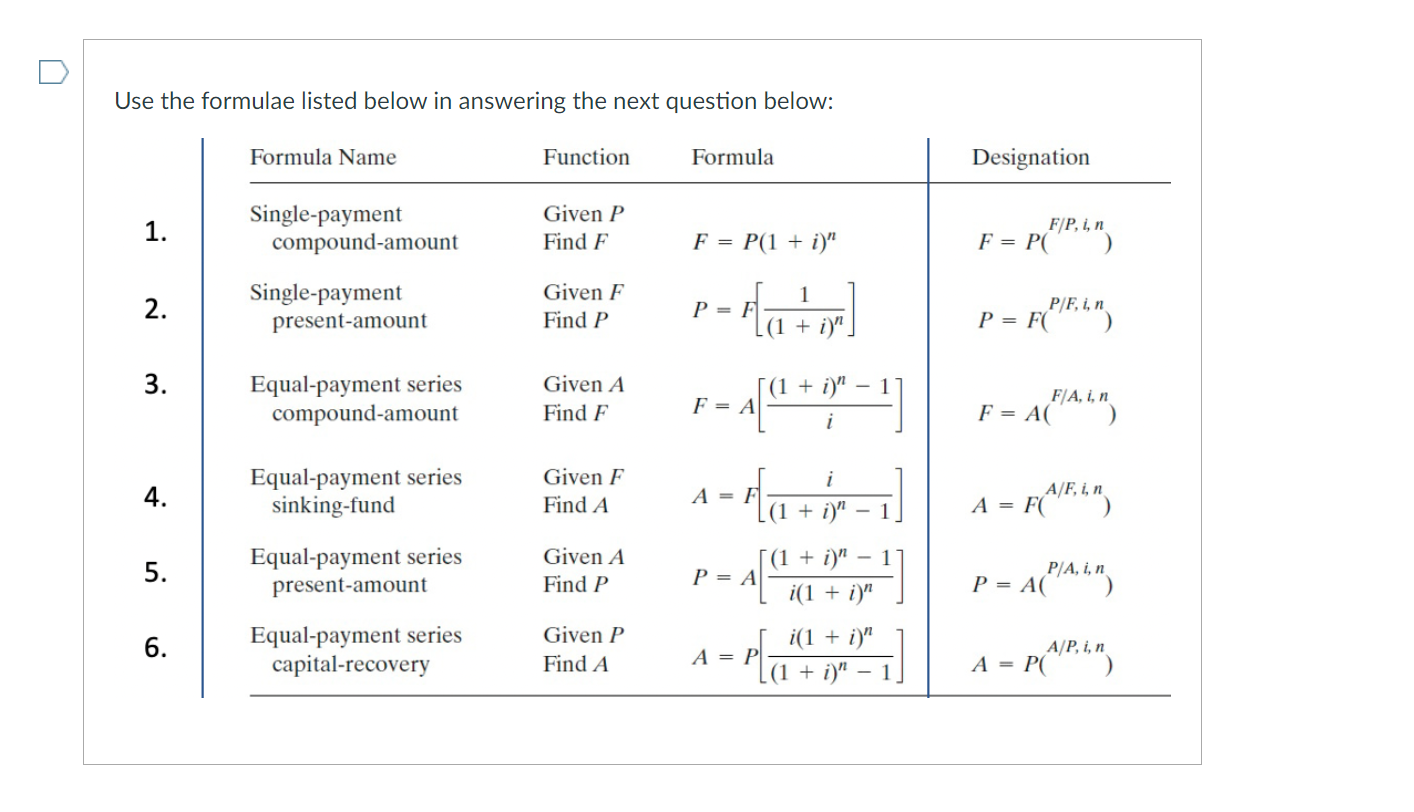 Solved Use the formulae listed below in answering the next | Chegg.com