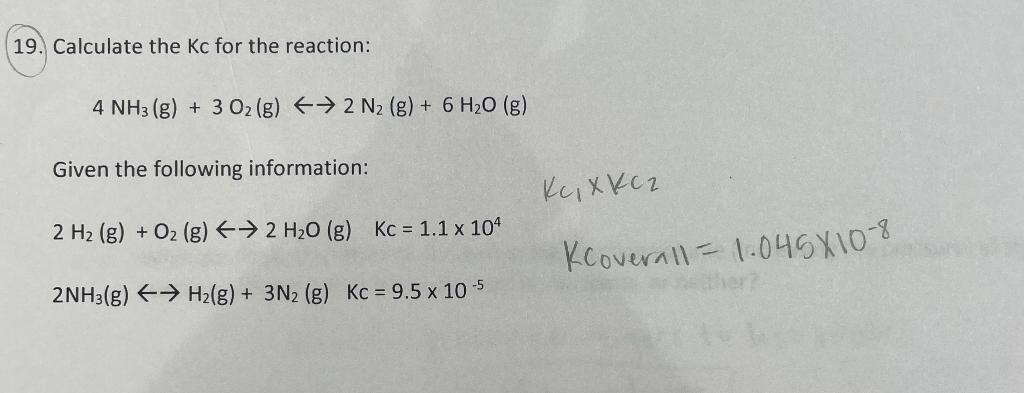 Solved 19. Calculate the Kc for the reaction: 4NH3( g)+3O2( | Chegg.com