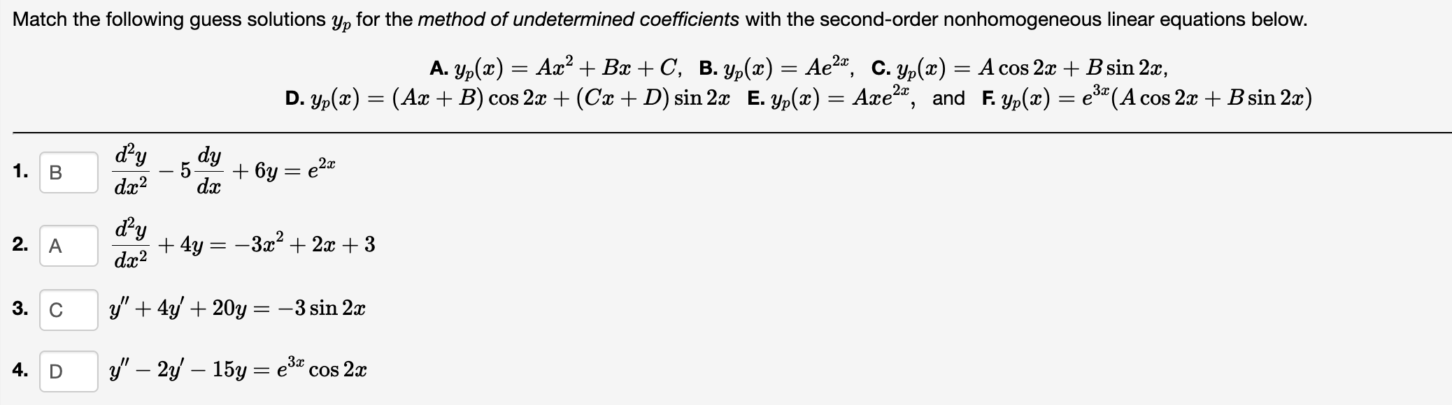 Solved Match the following guess solutions Yp for the method | Chegg.com