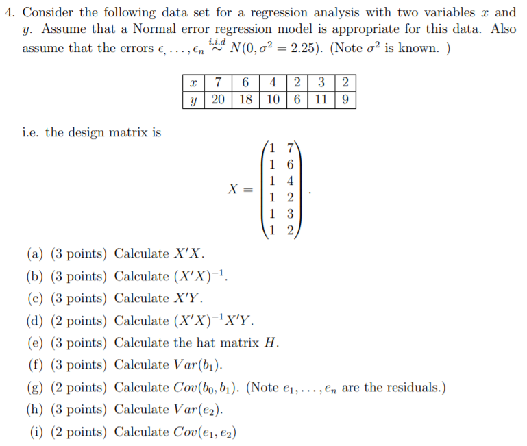 Solved 4. Consider the following data set for a regression | Chegg.com