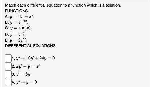 Solved Match each differential equation to a function which | Chegg.com
