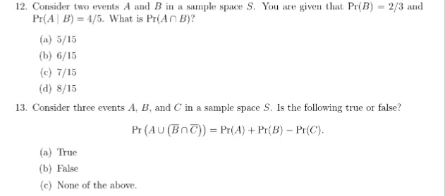 Solved Consider two events A and B in a sample space S. You | Chegg.com